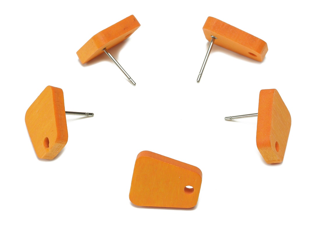 Hemu Wood Trapezoid Earring Stud - Orange Trapezium Earring Post ...
