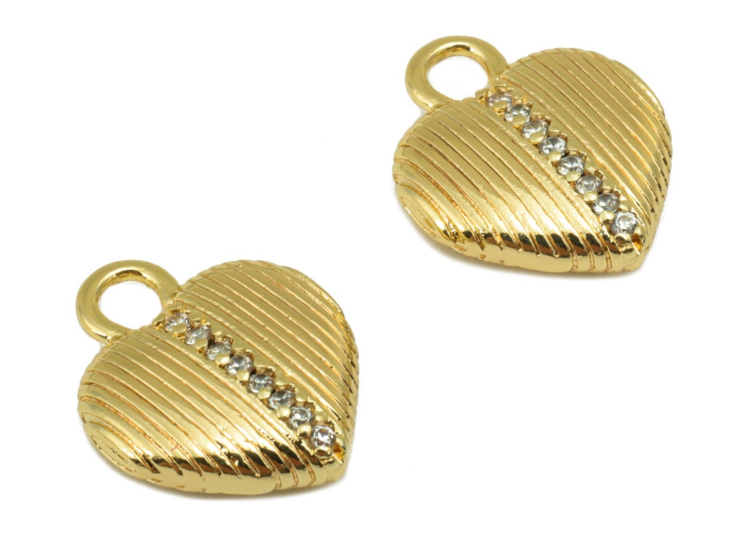 Brass Heart Charm - Brass Line Heart Charm - Textured Cubic Zircon ...