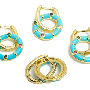 Dangle U Hoop Clasp Earring - Blue Enamel Donut Earring - Brass CZ ...