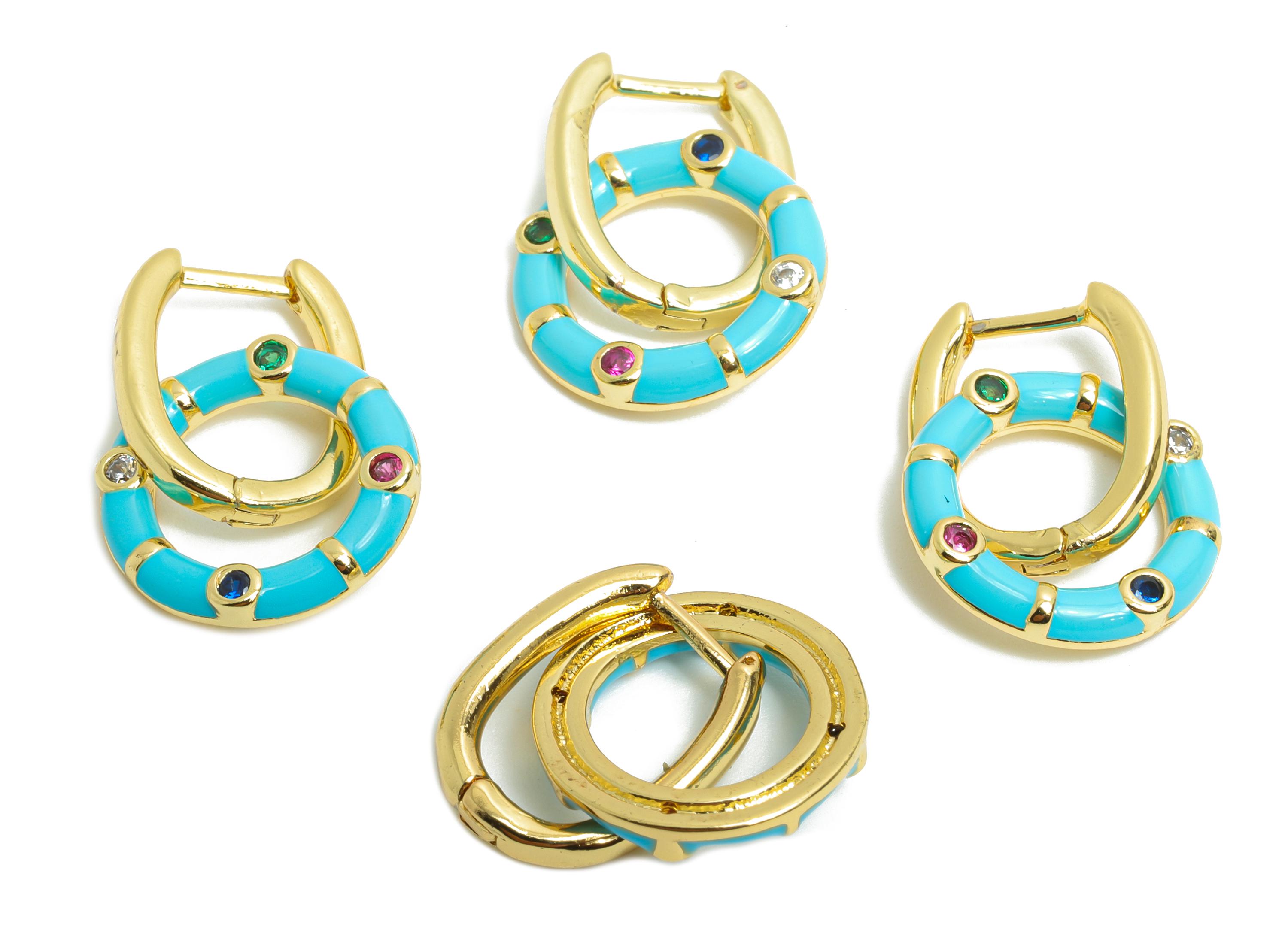Dangle U Hoop Clasp Earring - Blue Enamel Donut Earring - Brass CZ ...