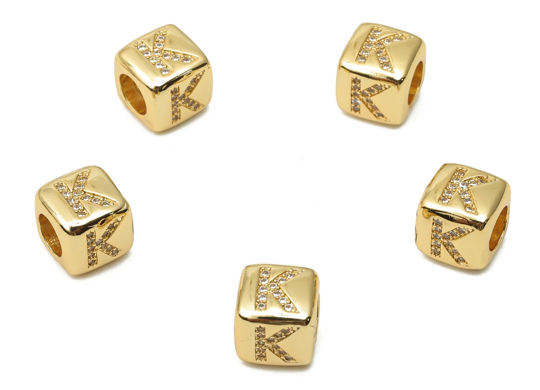 Alphabet Cube Bead K With Zircon- Brass Initial Letters K Beads ...