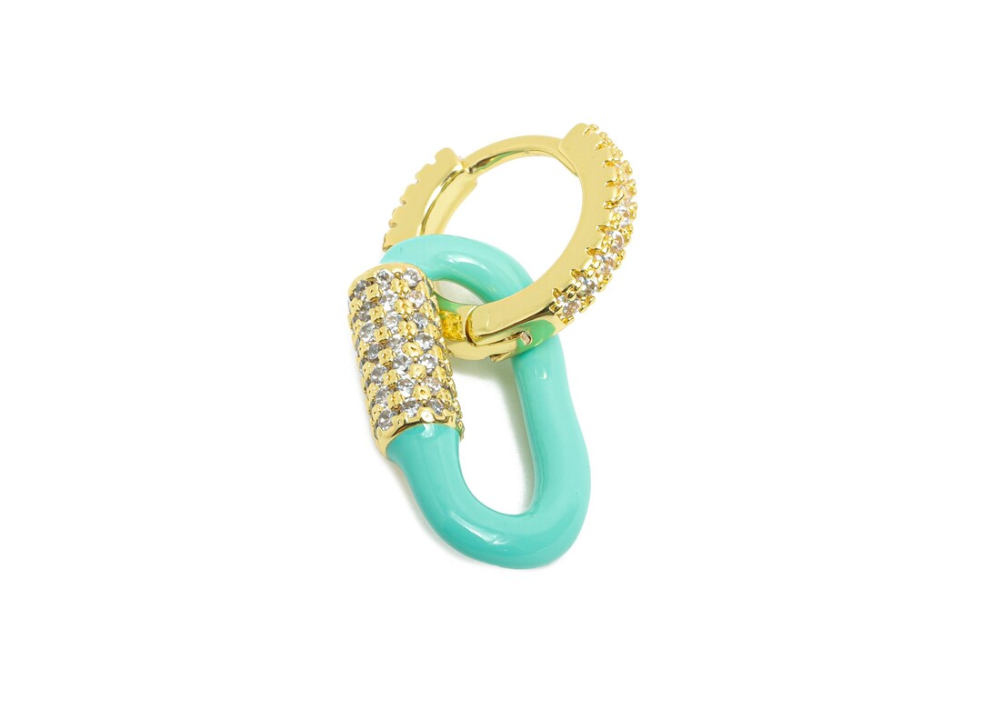 Gold Dangle CZ Hoop Clasp - Blue Enamel Oval Earring - Refined Brass ...