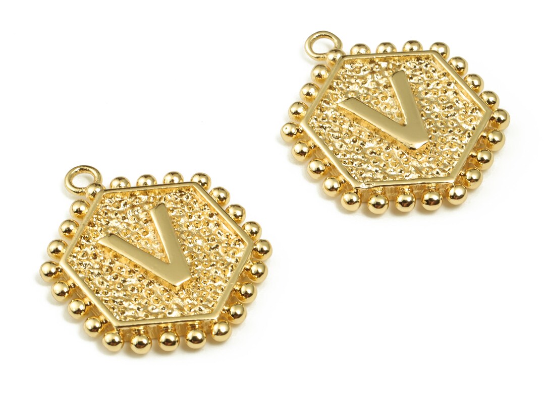 Brass Hexagon Letter V Charms - Alphabet Pendant Charm - 18K Shiny Gold ...