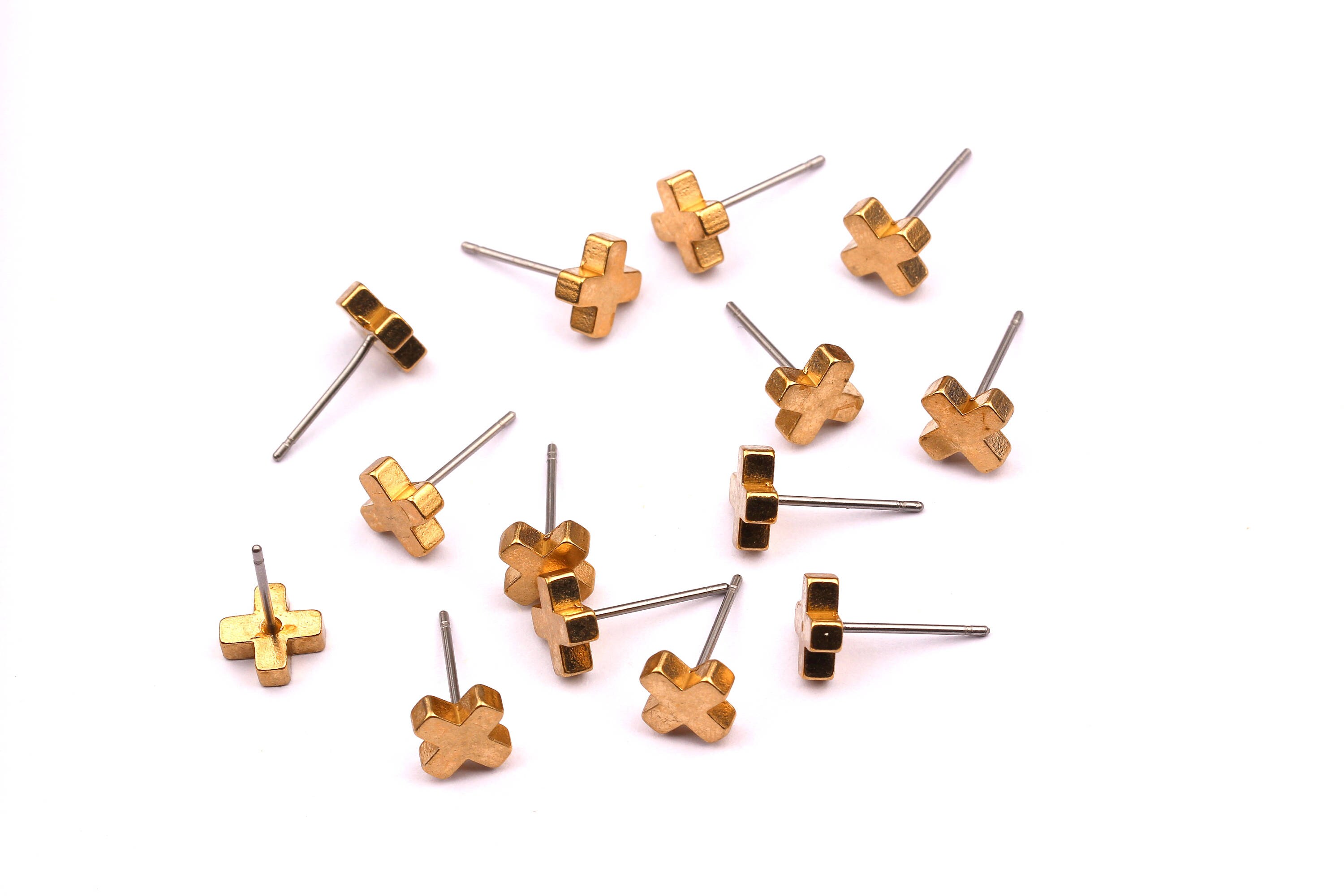 Cross Stud - Raw Brass Cross Pad - Stainless Steel Earring Posts - Ear ...