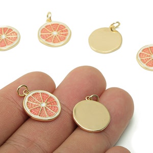 Brass Lemon Slices Earring Charm - Enamel Pink Fruit Earring - Round ...