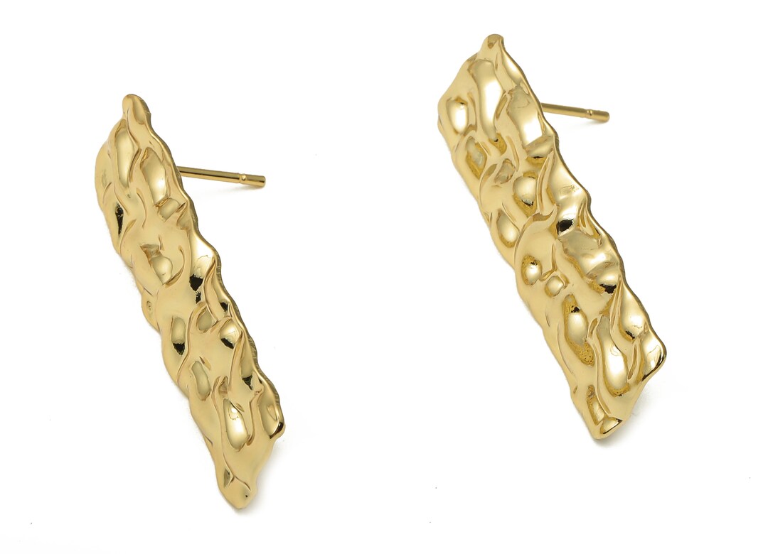 Brass Wavy Long Bar Earring With Loop Post - Long Rectangle Stud ...