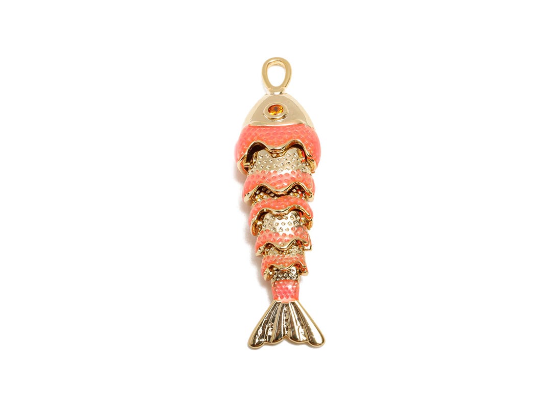 Brass Pink Enamel Fish Charm - Unique Zircon Movable Articulated Fish ...
