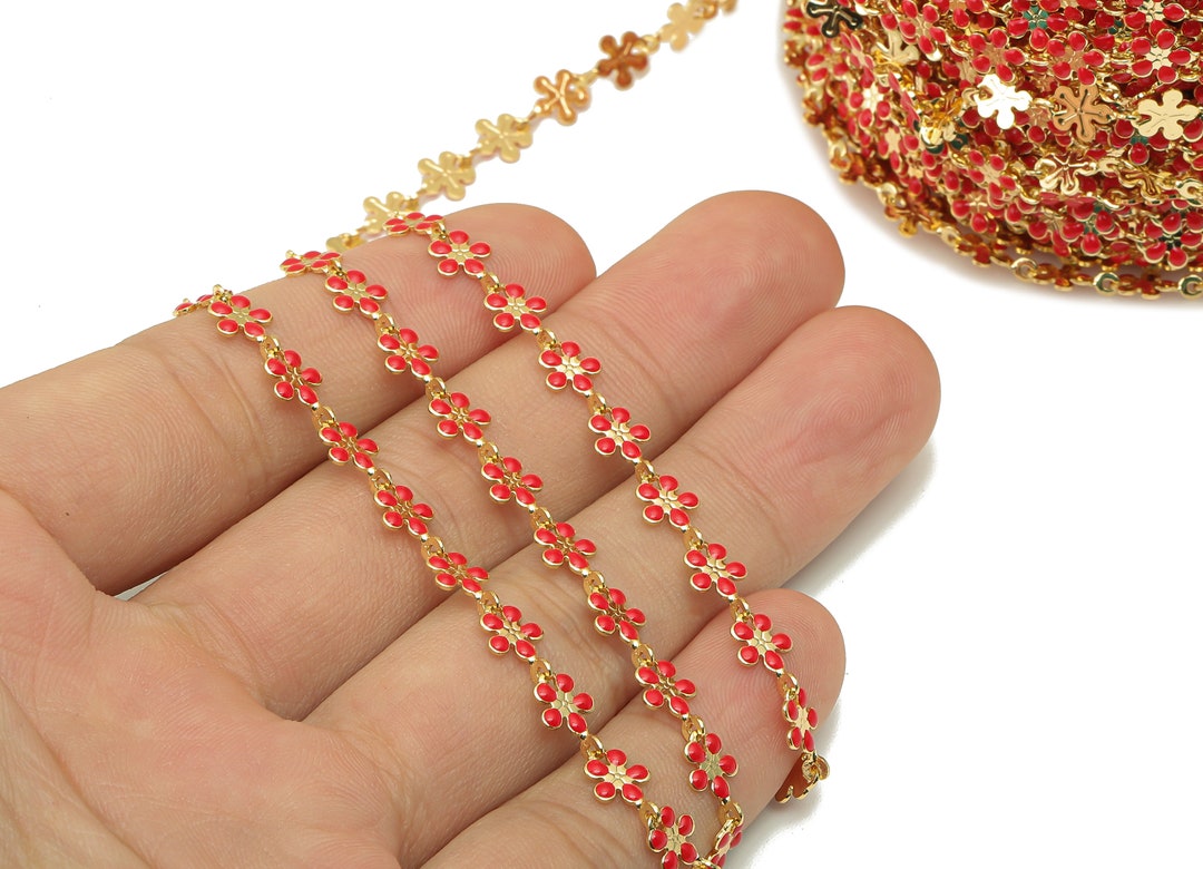 Enamel Daisy Chain - Satellite Bead Cable Chain - Red Flower Bead Chain ...