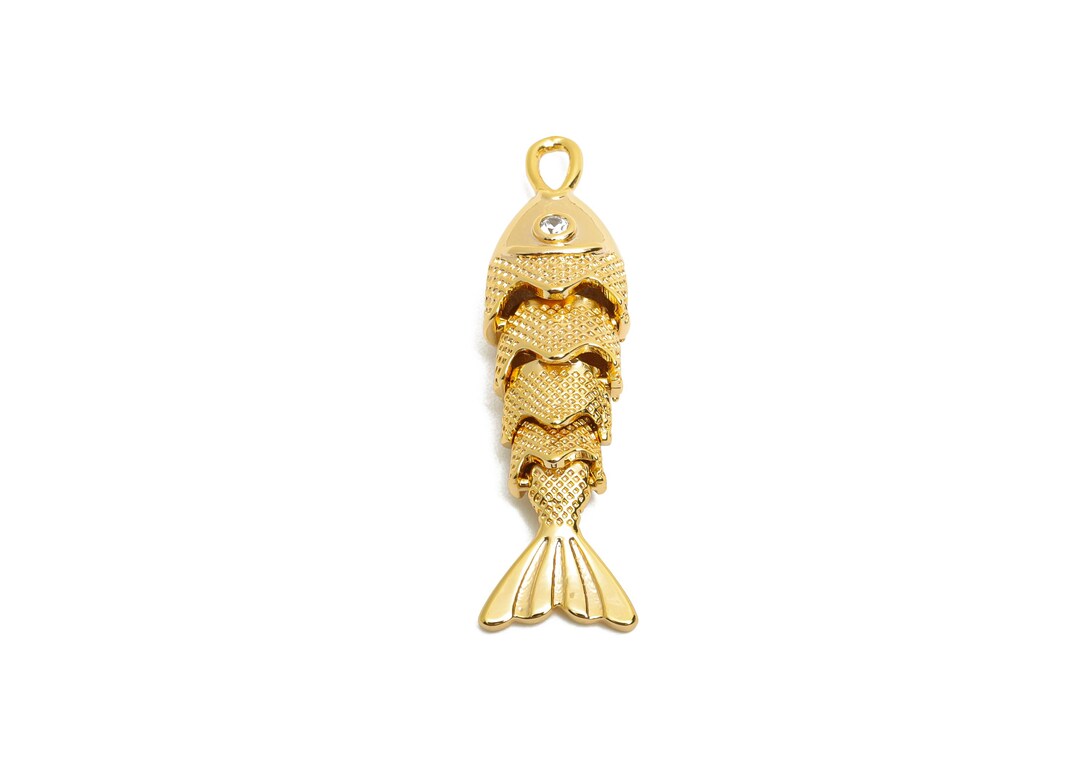 Movable 3D Articulated Fish Charms - Brass Textured Cubic Zircon ...