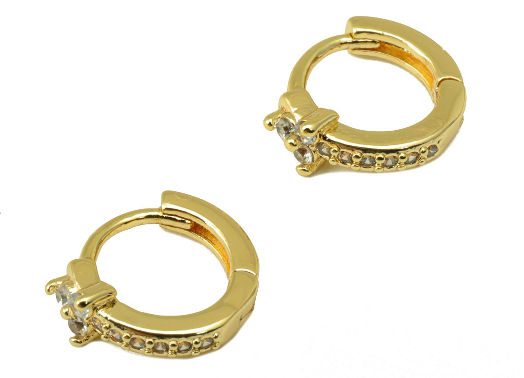 Brass Hoop Earring Clasp - Flower CZ Huggie Clasp - Round Cubic Zircon ...