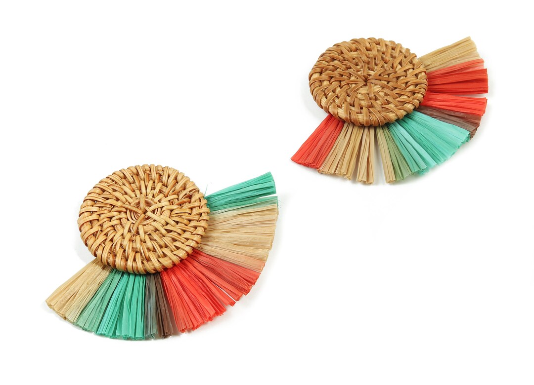 Rattan Raffia Tassel Round Charms - Circle Earrings With Fan Tassels ...
