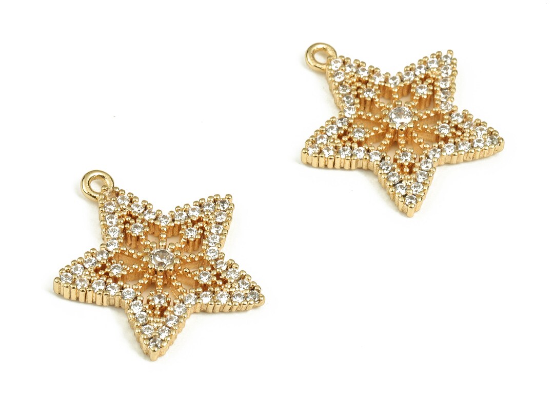 Brass Star Earring Charms With Zircons - Gold Star Pendant - 18K Real ...