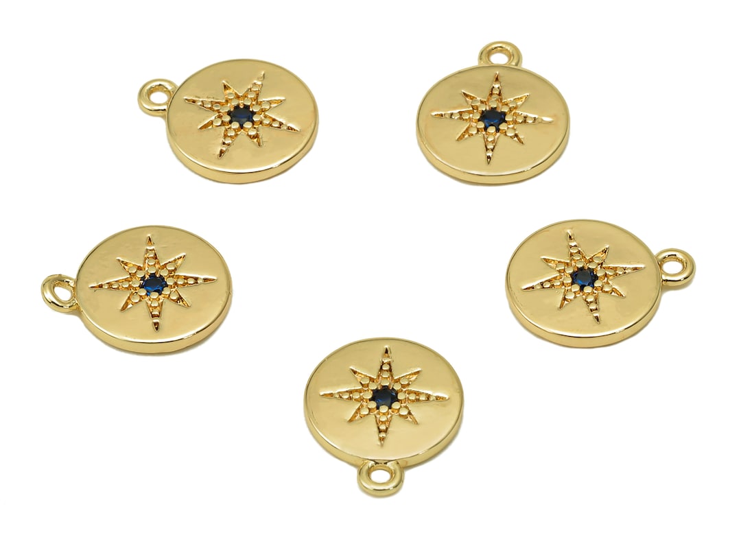 Brass Mini North Star Round Earring - Blue Cubic Zirconia CZ Charm ...