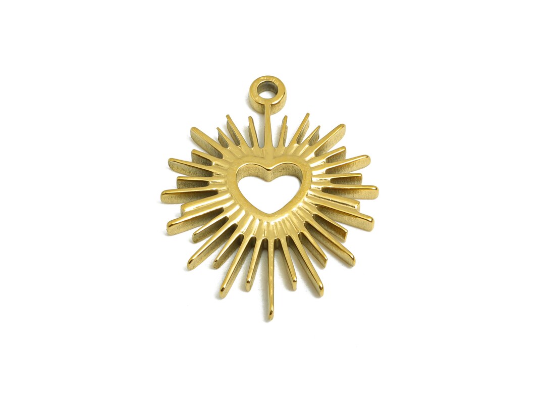 Steel Sunburst Heart Pendant - Sunray Openwork Charm - Stainless Steel ...
