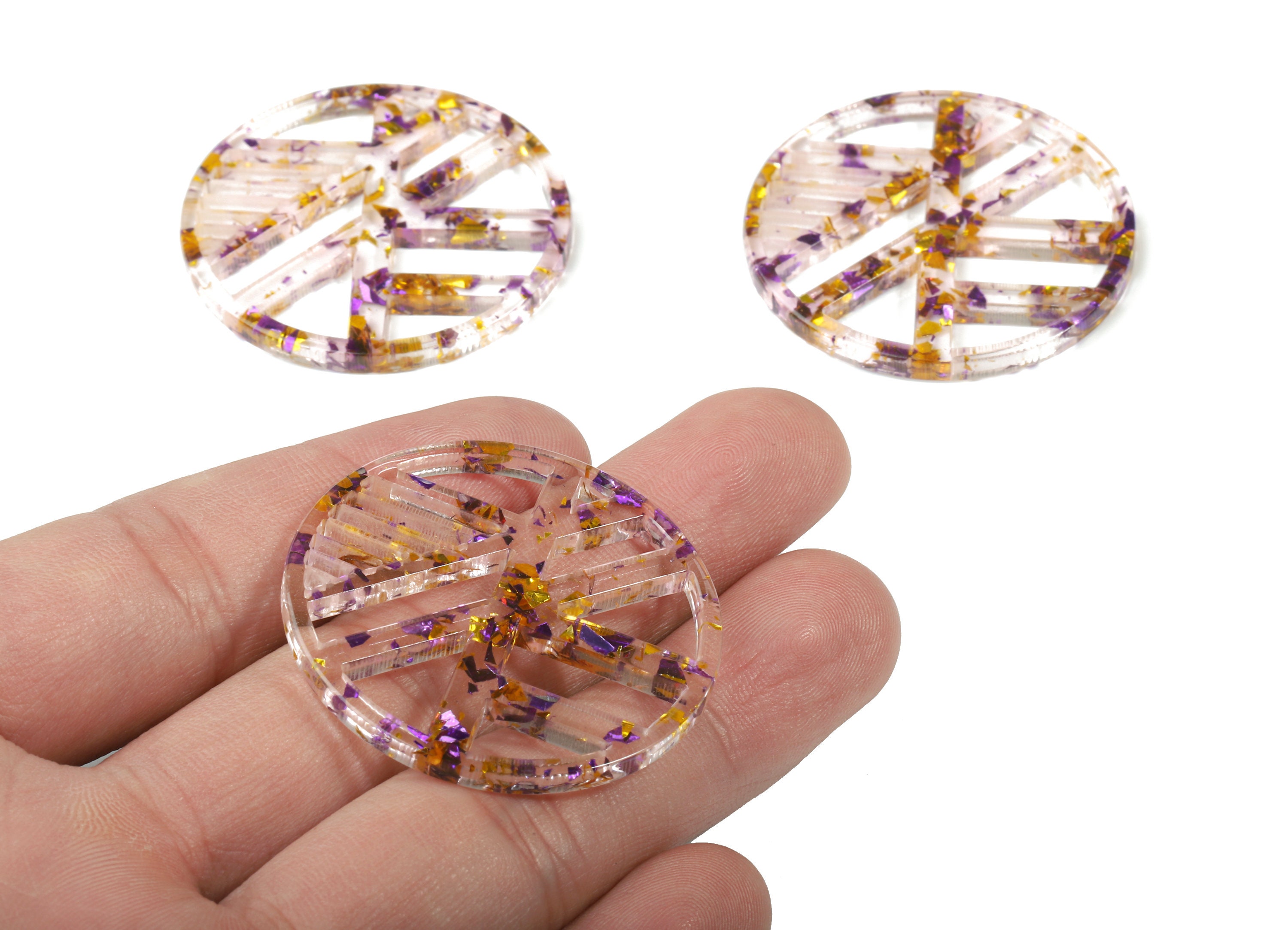 Acrylic Geometric Charms - Round Earring Charm - Purple & Gold Confetti ...