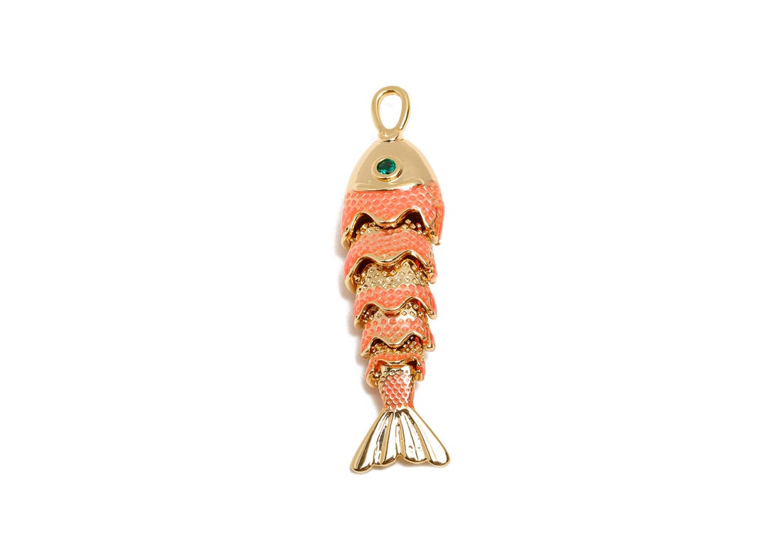 Brass Pink Enamel Fish Charm - Unique Zircon Movable Articulated Fish ...