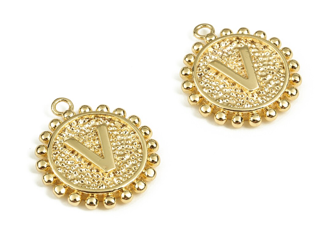 Brass Round Letter V Charms – Initial V Gold Round Pendant – 18K Real ...