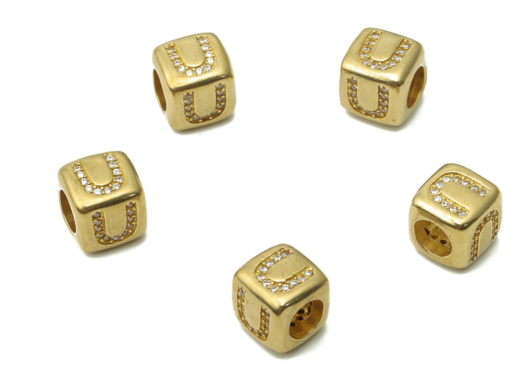 Alphabet Cube Bead U - Brass Initial Letter U - Raw Brass Zircon ...