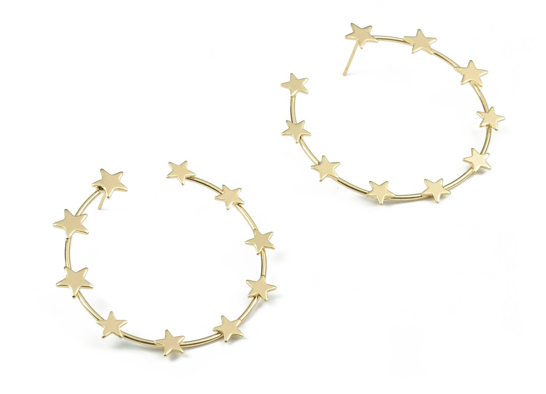 Gold Hoop Star Earring Stud - 18K Real Gold Brass Open Hoop Earring ...