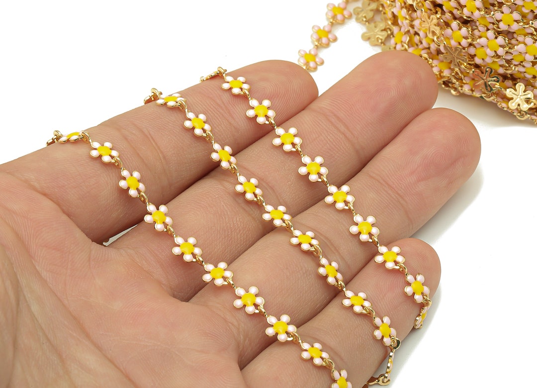 Enamel Daisy Chain - Satellite Bead Cable Chain - Yellow Pink Flower ...