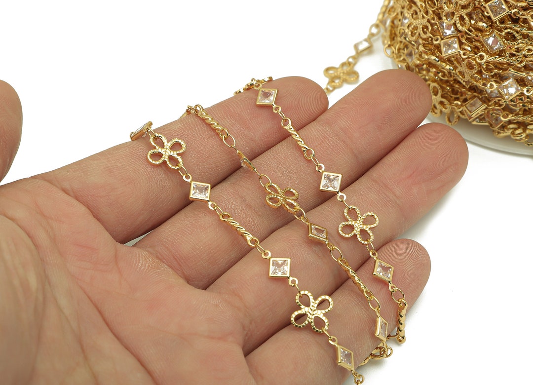 Brass Flower Link Chain - Gold Link Chain - Cubic Zirconia CZ Link ...