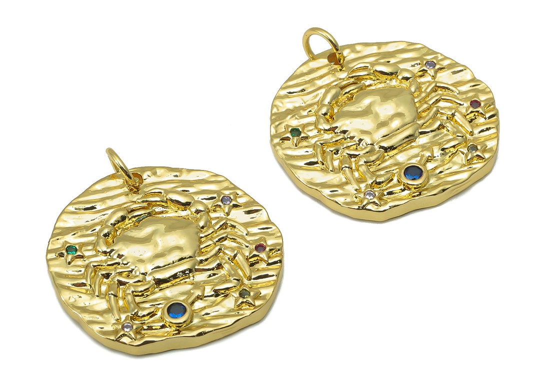 Brass Horoscope Round Charm - CZ Cancer Earring Charm - Zodiac Necklace ...