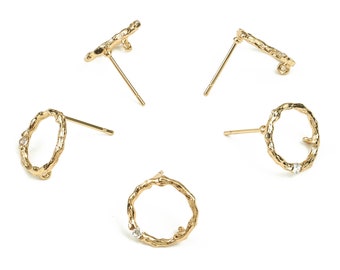 Gold Minimalist Studs, Brass Crystal Earring Posts, Cubic Zircon Round ...