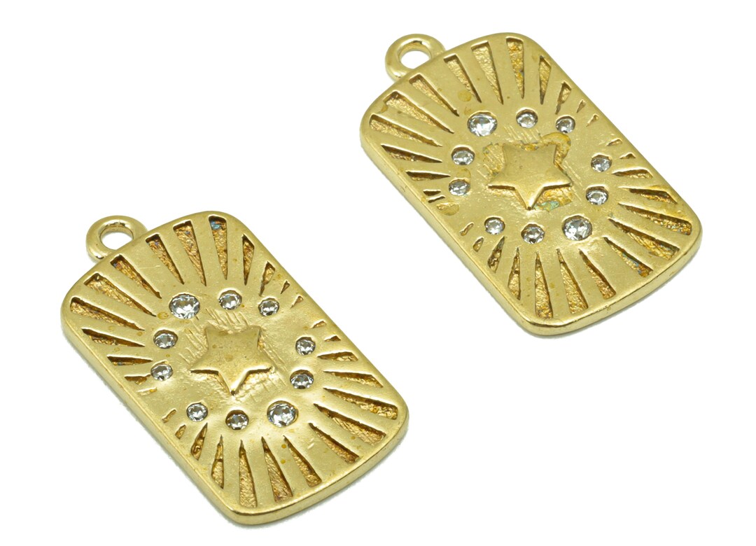 Brass Rectangle Star Pendant -sun Patterned Brass Charm - Brass Zircon ...