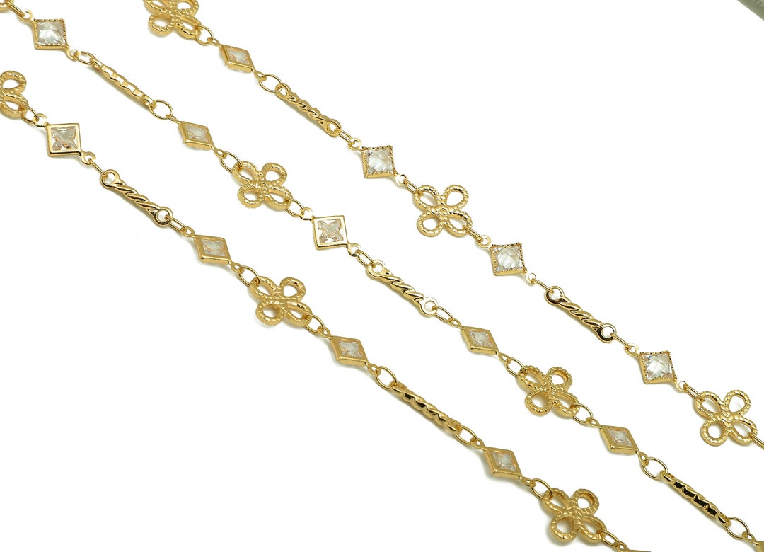 Brass Flower Link Chain Gold Link Chain Cubic Zirconia CZ Link Chain ...