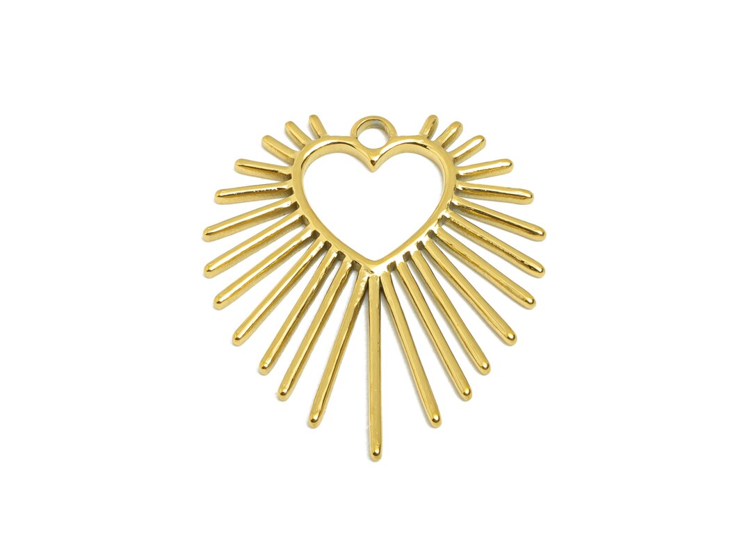 Steel Sunburst Heart Pendant - Radiant Heart Charm - Stainless Steel ...