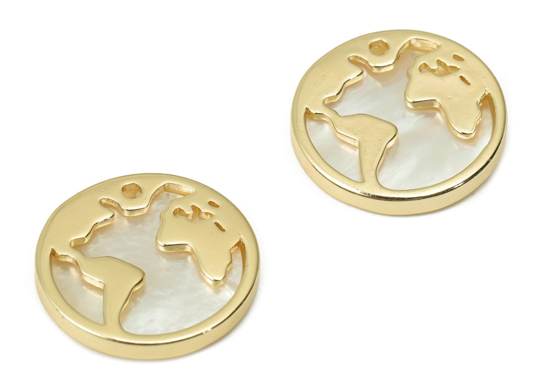 Brass Round World Map Charms - Shell World Map Circle Pendant - 18K ...