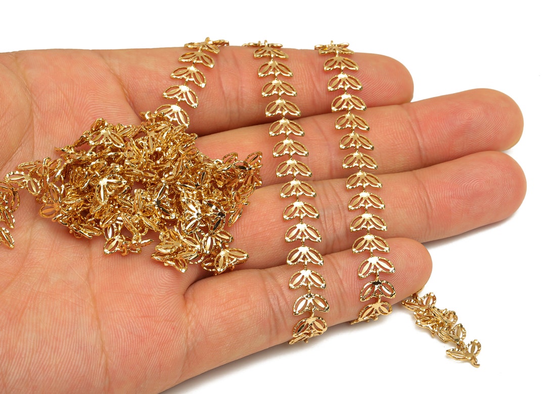 Brass Leaf Hollow Chain - Brass Flower Link Chain - Brass Botanical ...