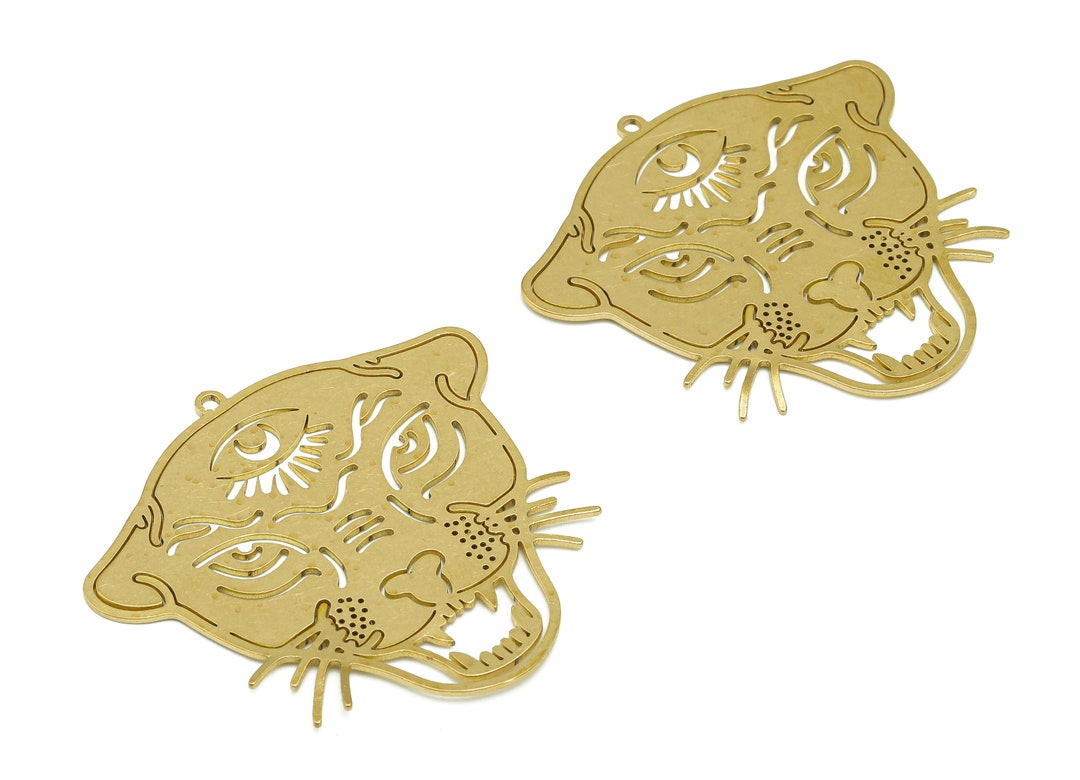 Brass Leopard Head Earring Charms - Raw Brass Hollow Jaguar Earring ...