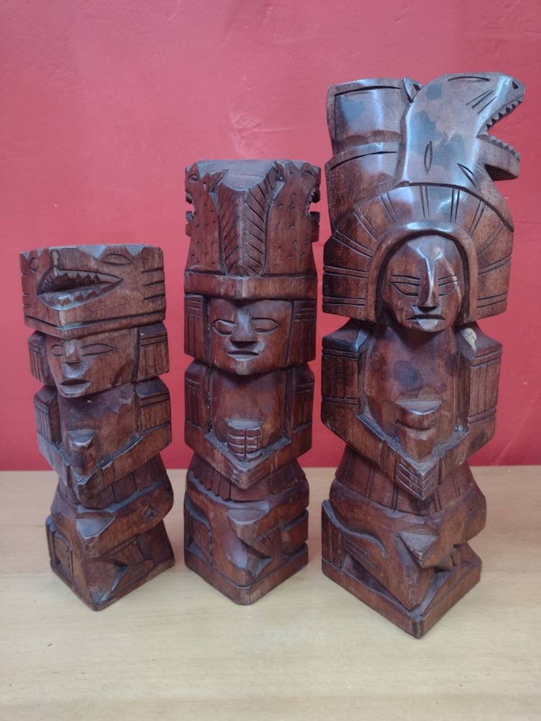 3 Mayan Aztec Totems,wood Hand Carved,tiger, Panther, Eagle,rare Set - Etsy
