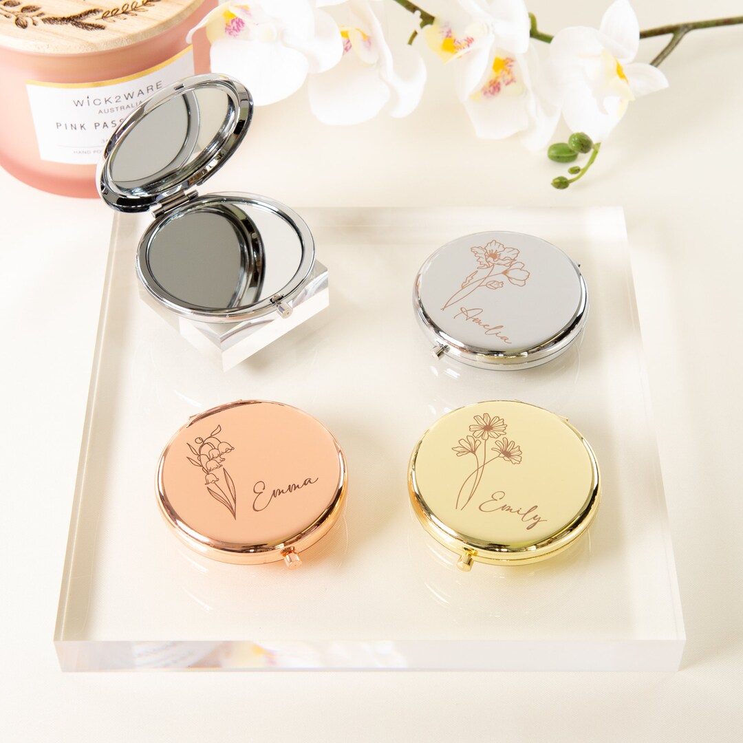 Personalised Compact Mirror With Engraved Birth Flower and Custom Name ...