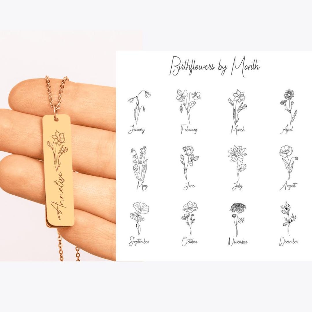 Personalized Birth Flower Necklace: Engraved Name, Stainless Steel - Etsy