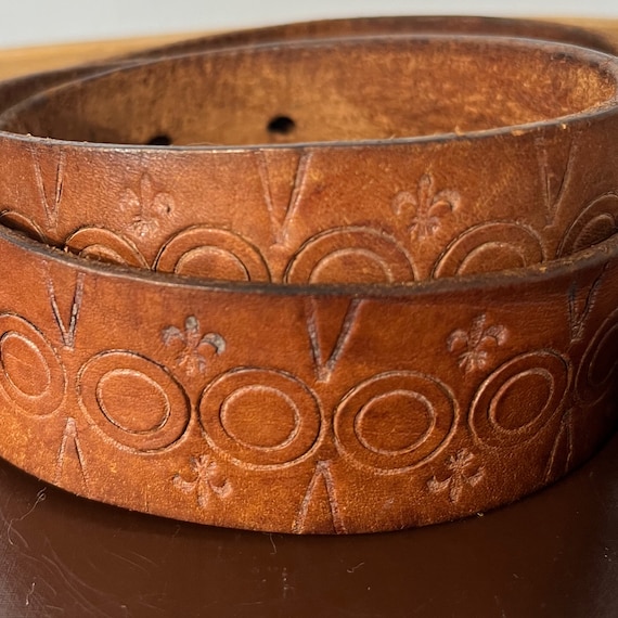 Vtg 80s belt”Horse buckle”XL-brown leather tooled bel… - Gem