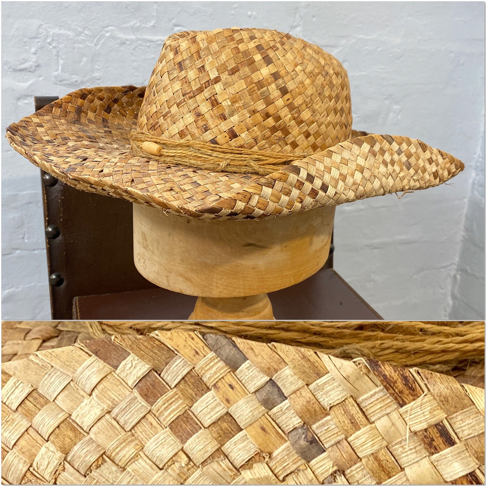 Vtg 80s straw hat wide brim string-rope wooden beed detail | Etsy