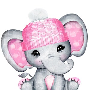 Watercolor Elephant Girl Clip Art, Pink Hat Baby Elephant With Pink ...