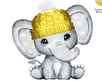 Boy Elephant Clip Art, Watercolor Very Cute Little Peanut, Blue Gray ...