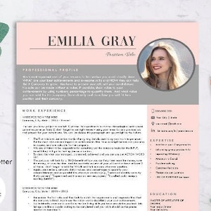 Photo Resume Template, Clean Resume, Blush Pink Gray Minimalistic, for ...