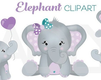 Cute Elephant Clip art Baby Girl Purple and gray peanut clip | Etsy