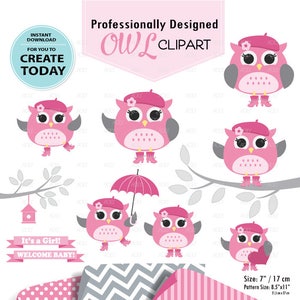 Girl Owl Clipart Baby Pink and Gray Owl Clip Art Png File. - Etsy