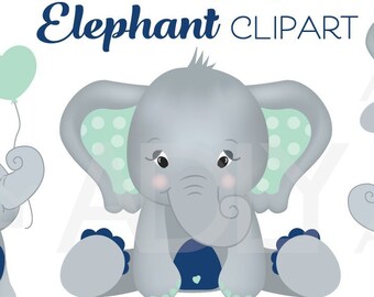 Boy Elephant Clip Art, Cute Little Watercolor Blue Elephants With Light ...