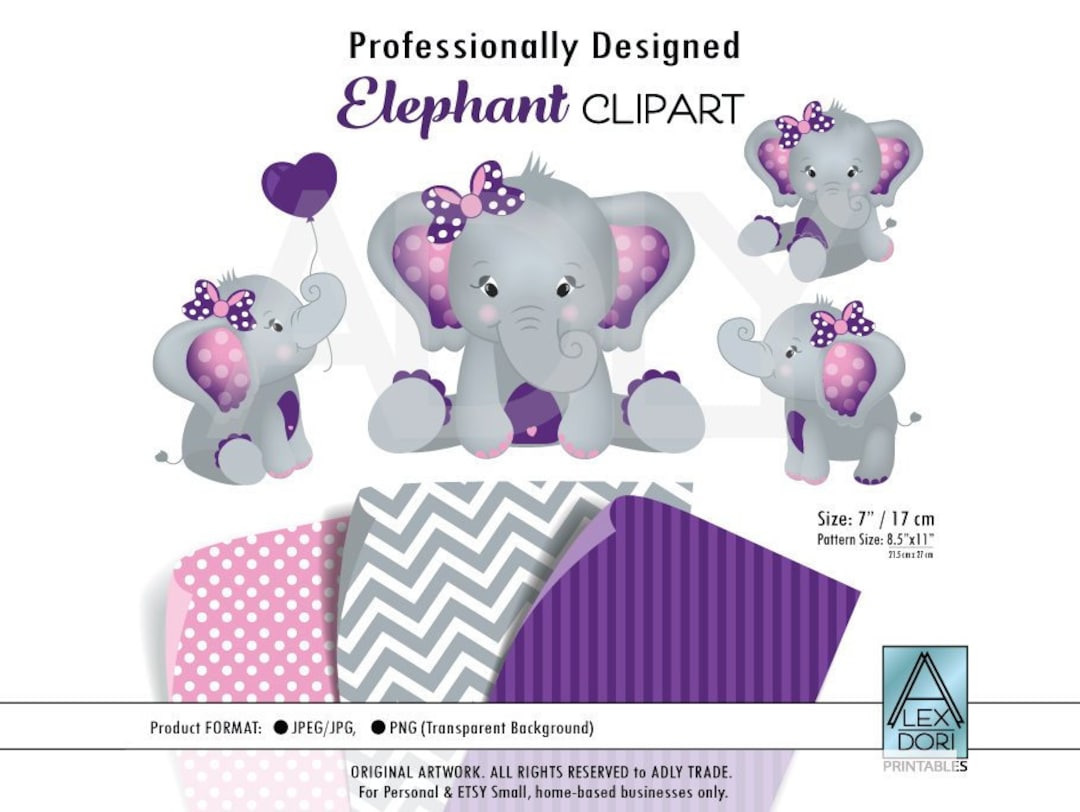 Pink Purple Elephant Girl Clip Art, Deep Purple and Soft Pink Gray ...