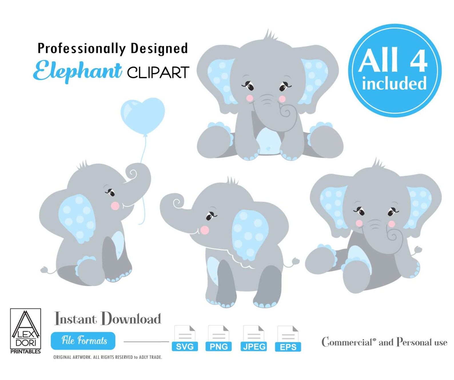 Elephant SVG set 4 boy elephants with blue ears polka dot | Etsy