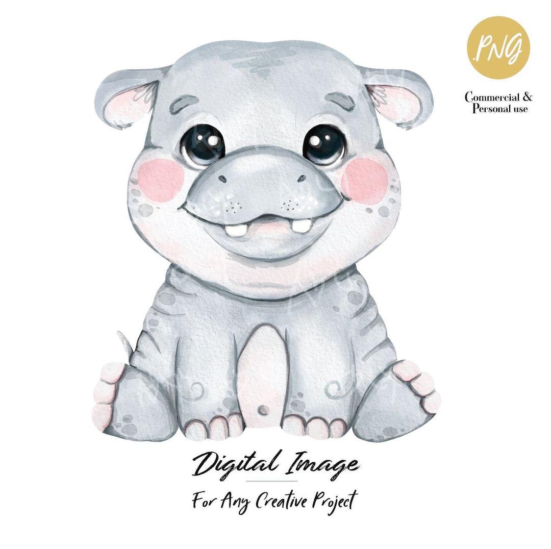 Baby Hippo Watercolor Clip Art, Sublimation, Png, Baby Safari Animals ...