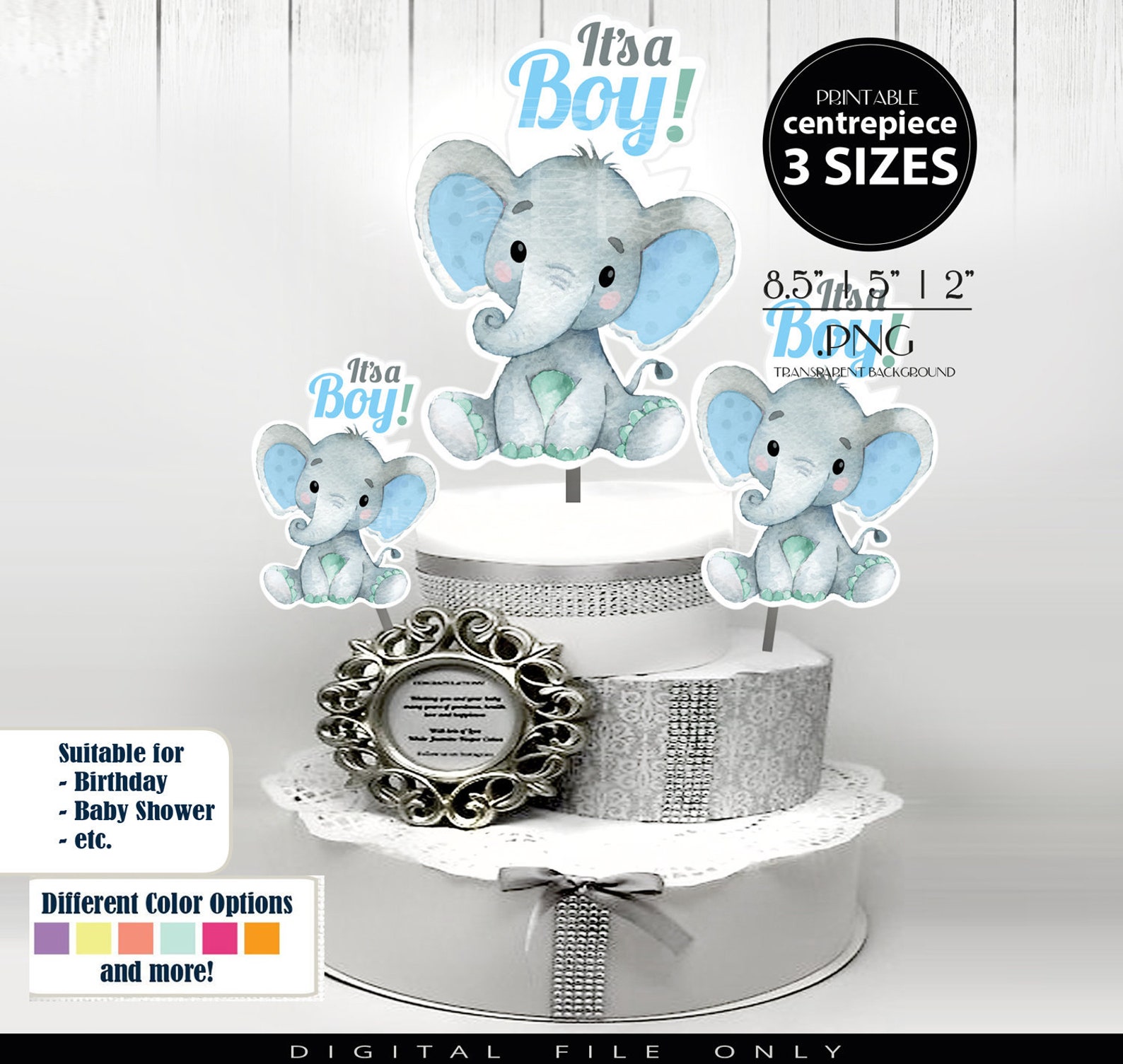 Mint Blue Elephant Centerpiece Diaper Topper Design Digital | Etsy