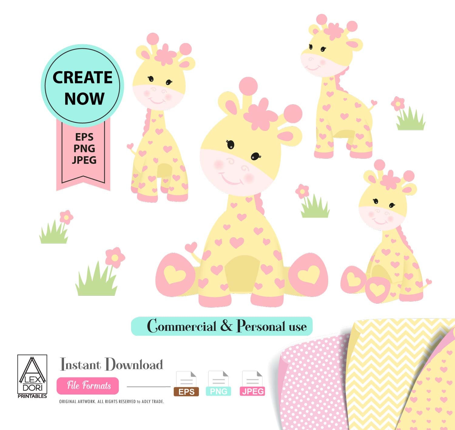 Giraffe Girl Clip Art Yellow Baby Giraffe With Pink Hearts | Etsy