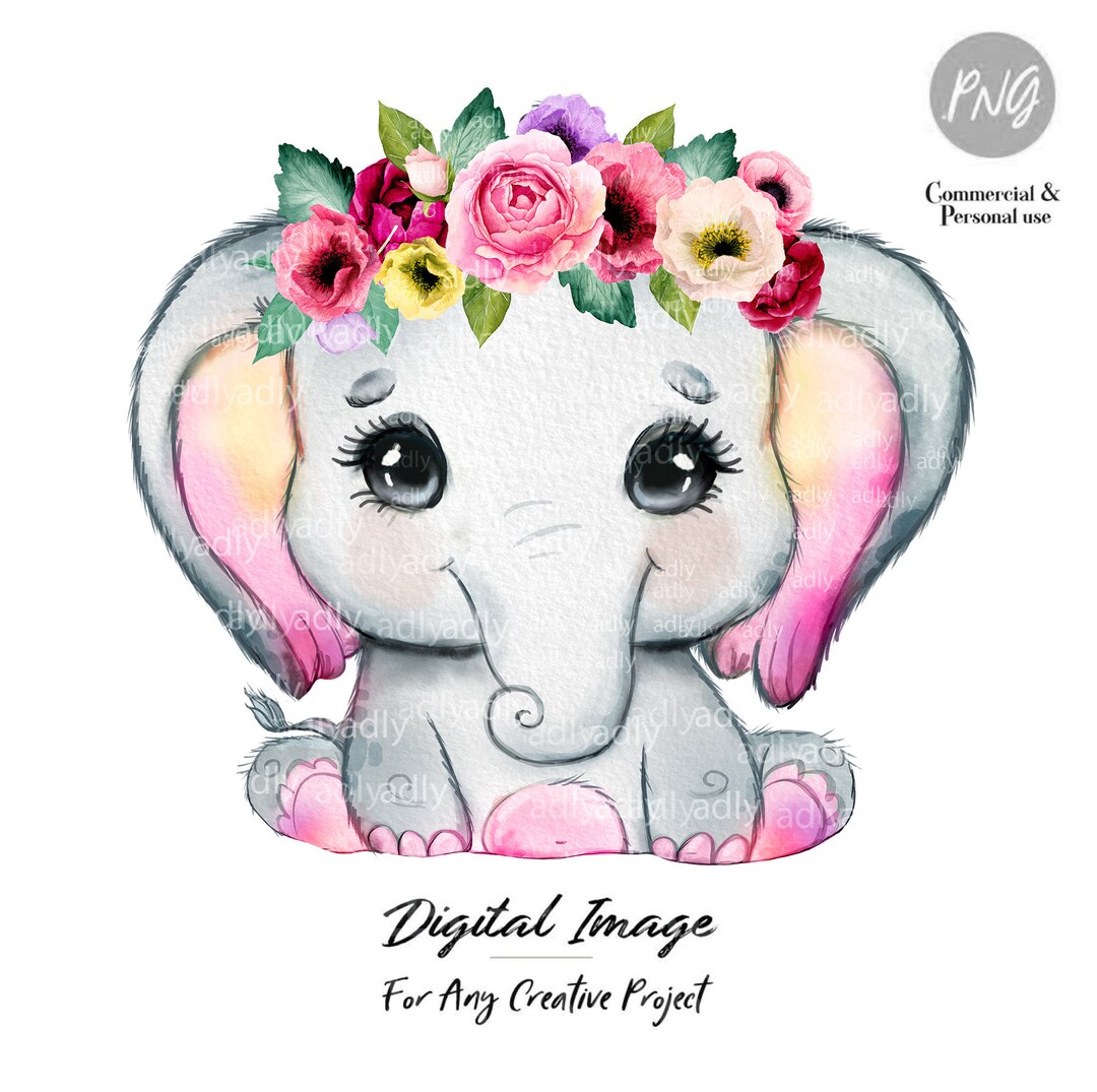 Watercolor Elephant Girl Clip Art: Rustic Floral Crown (digital ...